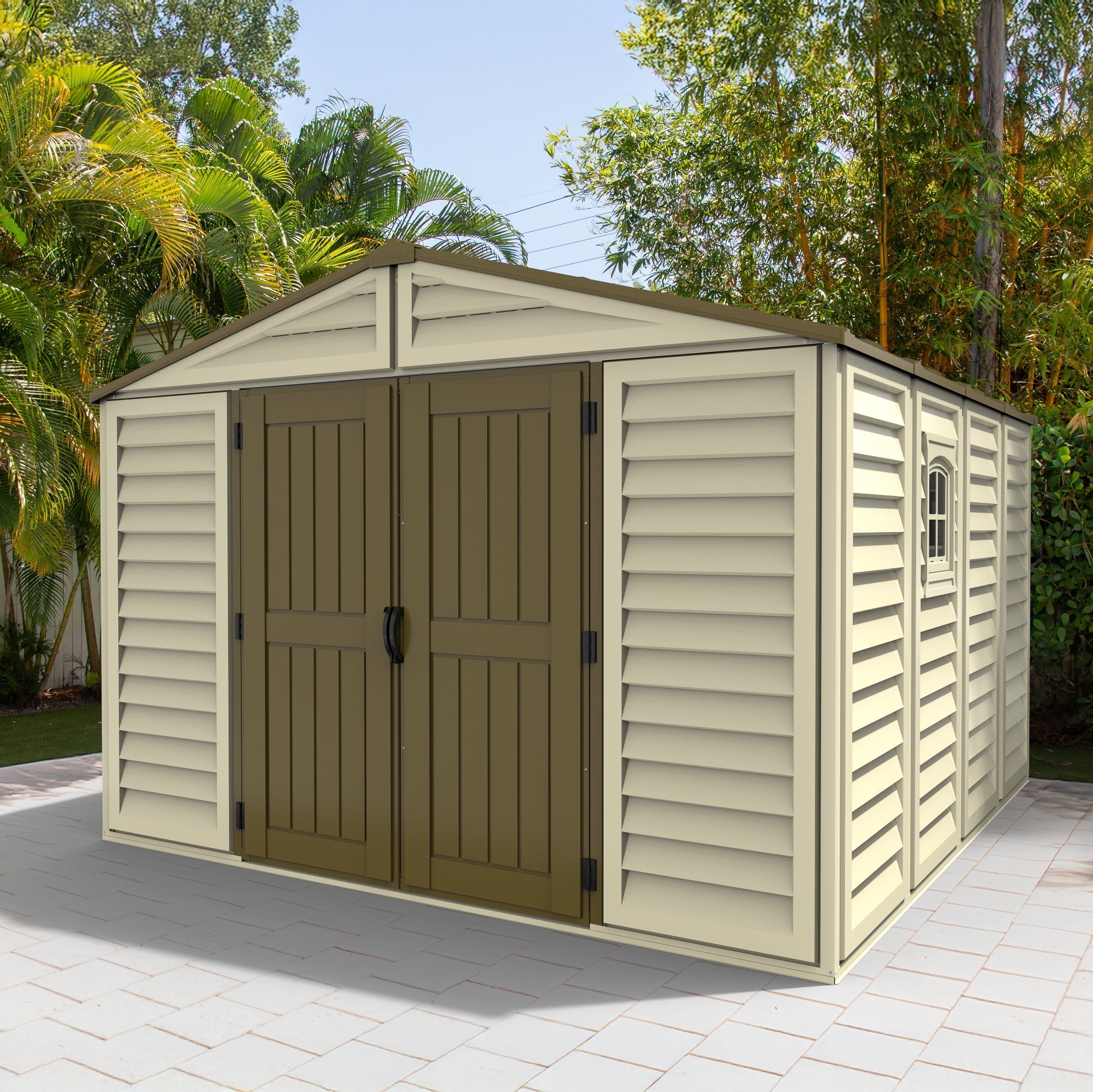 DuraMax 10.5ft x 10.5 ft Woodbridge Plus Vinyl Shed w/ Foundation Kit ...